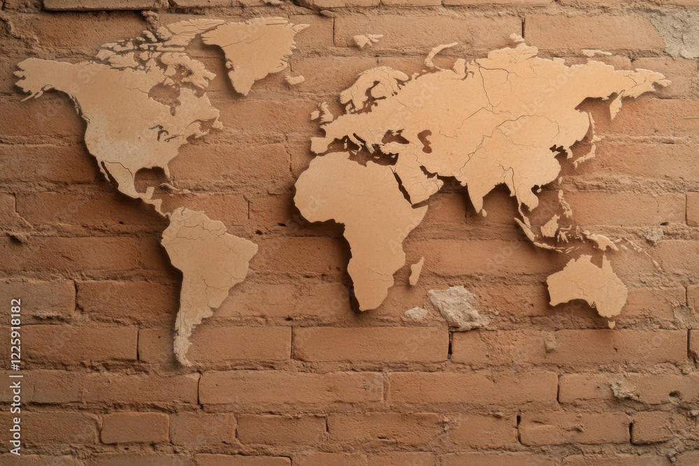 world map is drawn on a brick wall. A large map for exploring countries ...