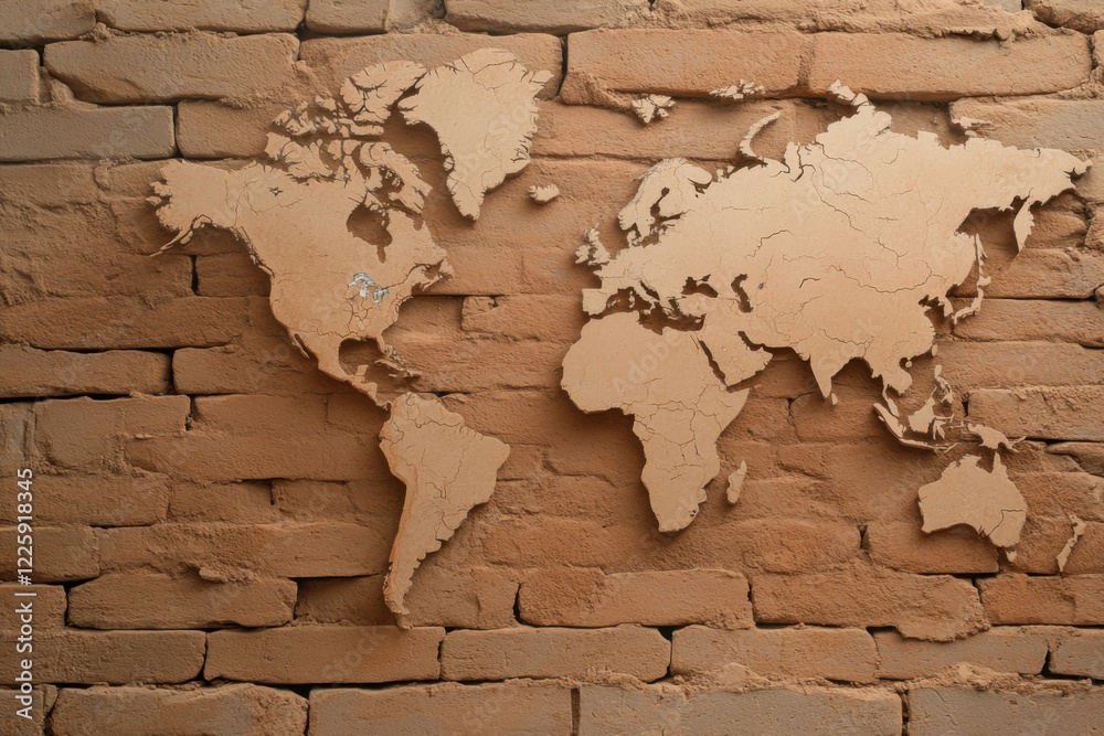 World map with natural background. The map is made in brown and has a ...