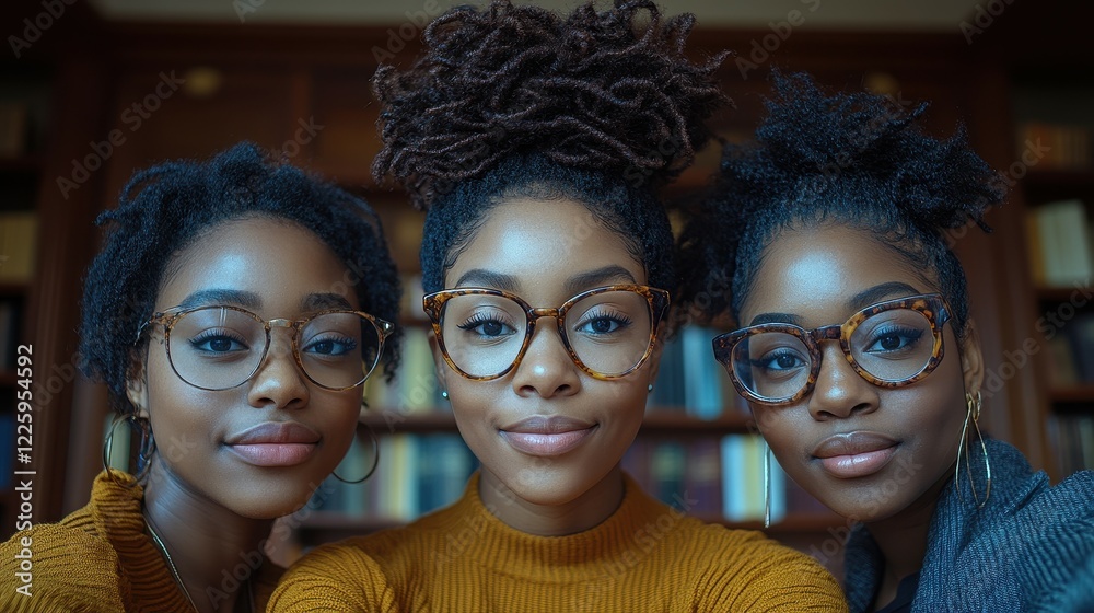 Three young women with natural hairstyles and glasses smile at the ...