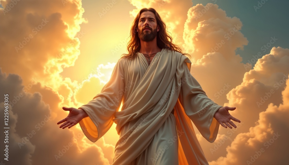Jesus rises to heaven. Jesus Christ looks up. Jesus in light robe ...