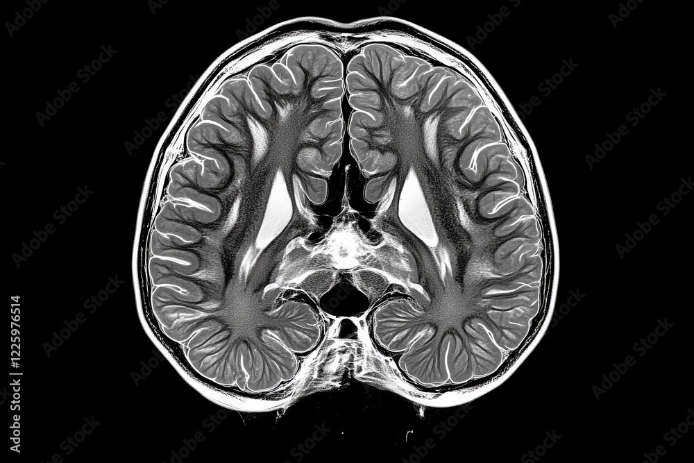 Illustration Stock Detailed view of a human brain in a magnetic resonance imaging scan showing ...