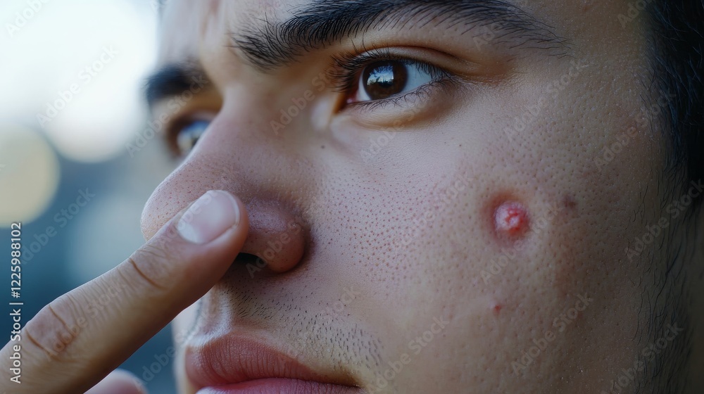 Close up of young man pointing acne occur on his skin. A pimple is a ...
