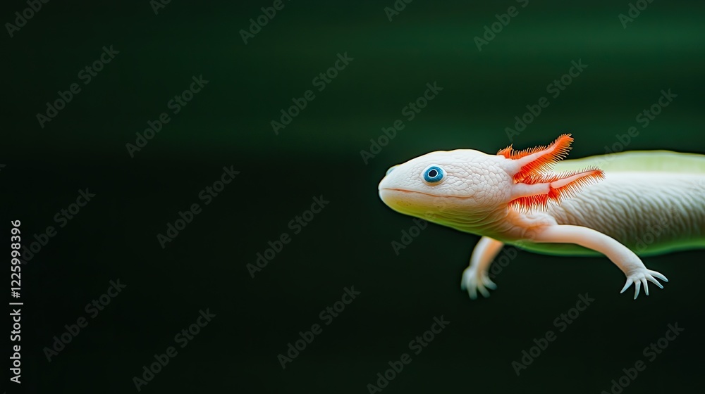 side view of axolotl floating gracefully in water tank set against ...