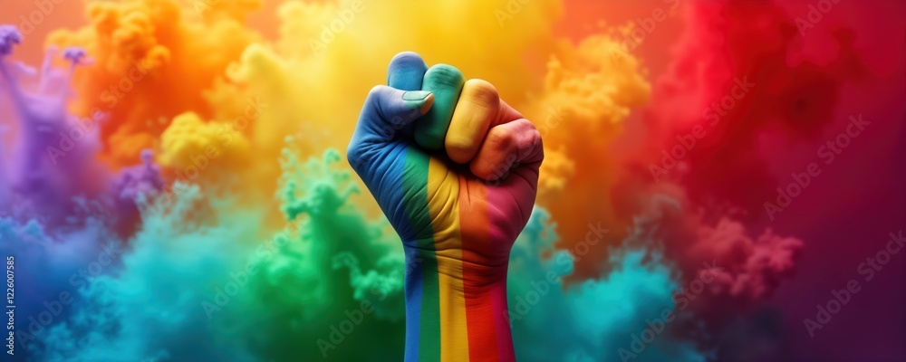 Rainbow fist raised high against colorful smoke background. Strong ...
