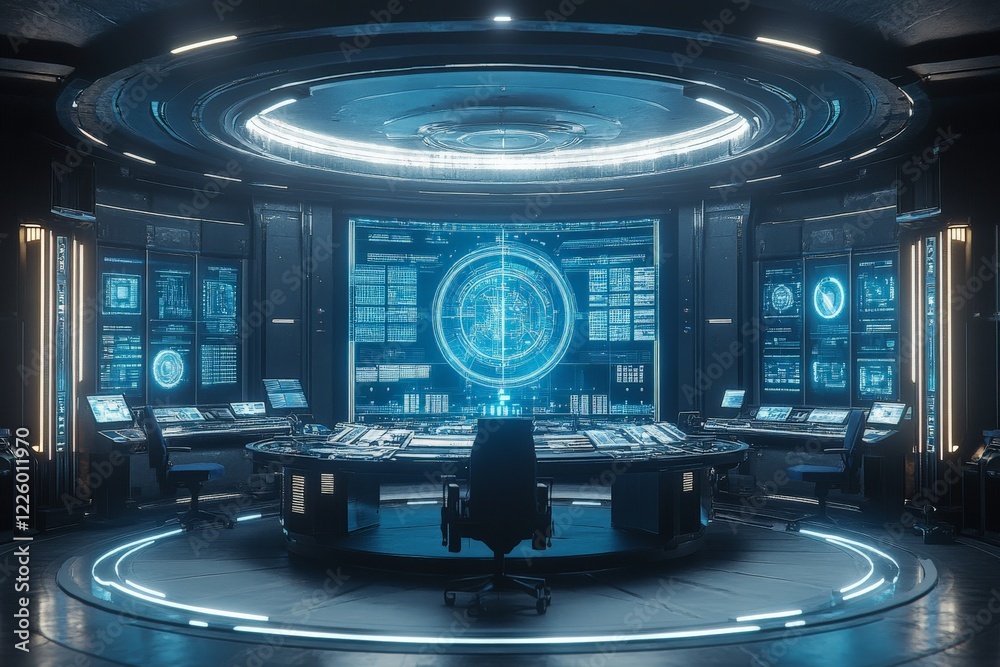 High-tech control room featuring advanced screens and consoles at a futuristic facility Stock ...