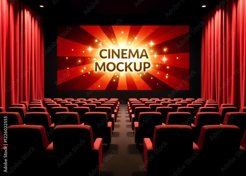An empty cinema with red seats, a large screen displaying a Cinema ...