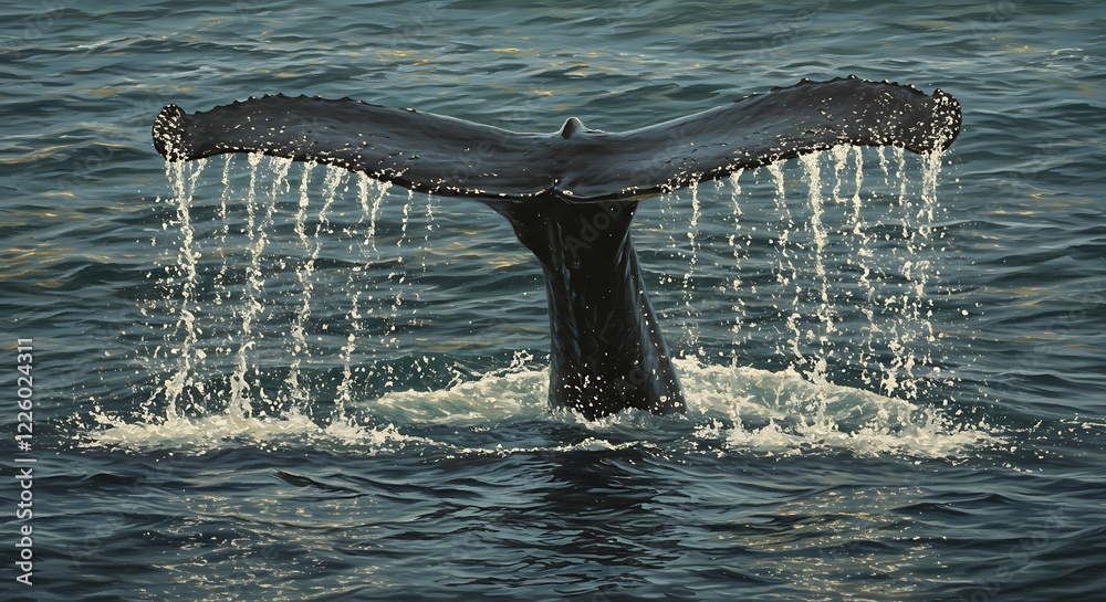 Majestic humpback whale tail fluke erupting from the ocean waves ...