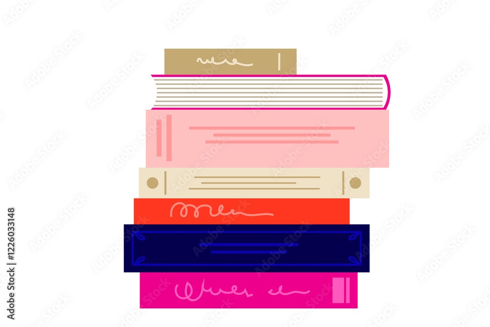 Stack of colorful different books with titles, text and design elements ...