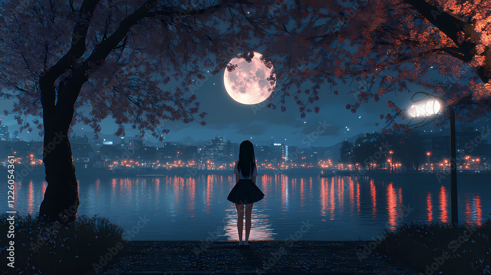 Cute anime girl admiring the moonlit night by the lake in a japanese ...
