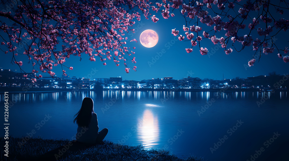 Cute anime girl admiring the moonlit night by the lake in a japanese ...