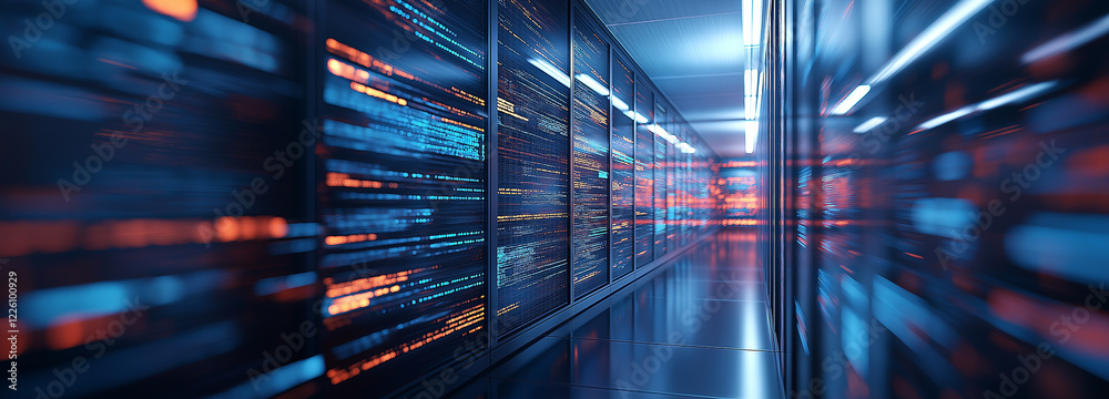 Data Center Core. A long exposure view of a data center aisle with ...