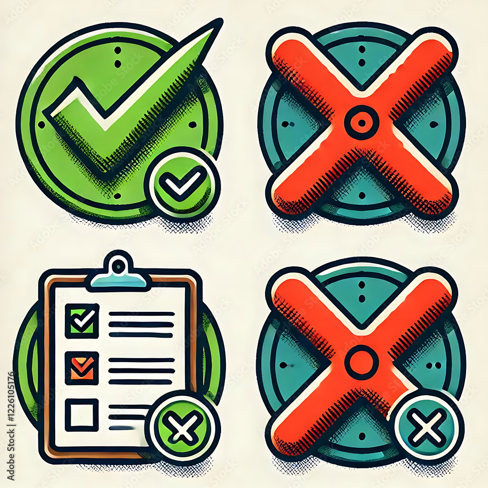 Green check mark and red cross mark icon set. Isolated tick symbols, checklist signs, approval ...