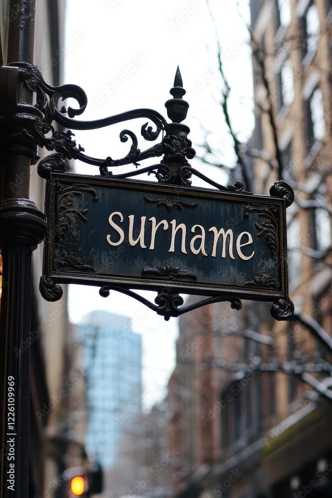 A historic wrought iron street sign with the word "Surname" hanging in ...