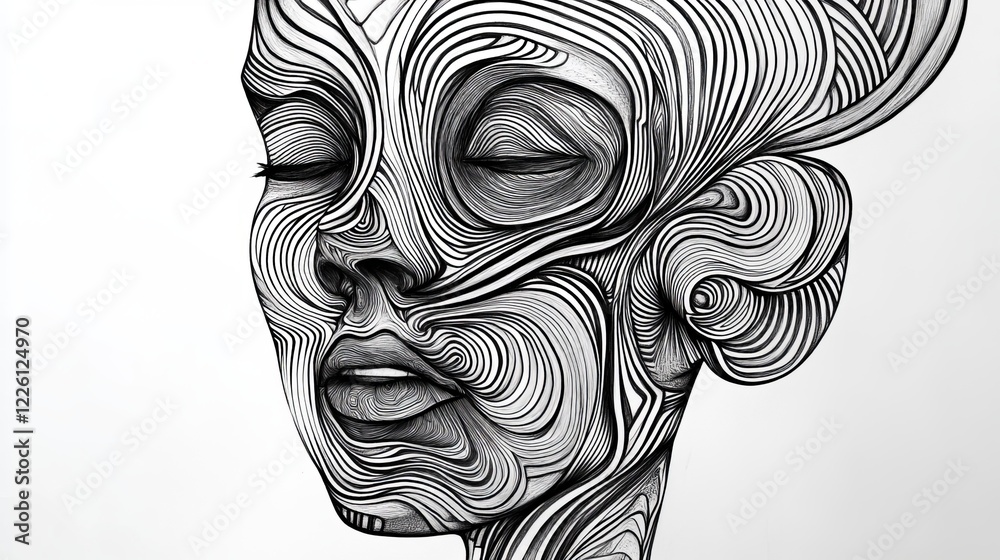 An intricate depiction of a face composed of flowing black and white ...