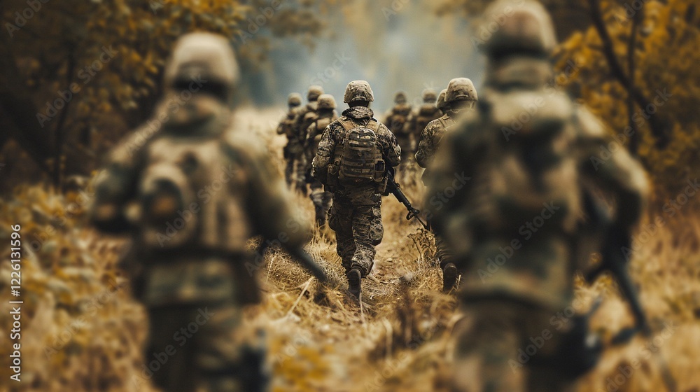Soldiers marching in single file formation on the battlefield during a ...
