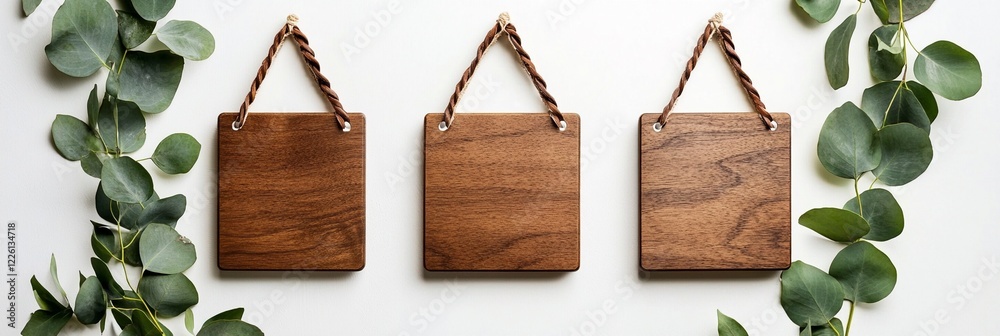 Elegant Wooden Signboards with Walnut Wood Finish and Eucalyptus Leaves ...