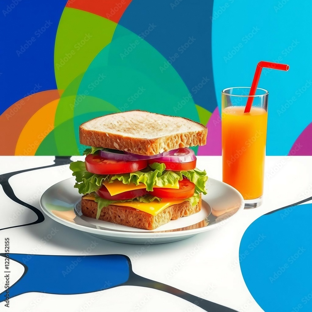 Food on the plate. Stylized sandwich and juice. Geometric food ...