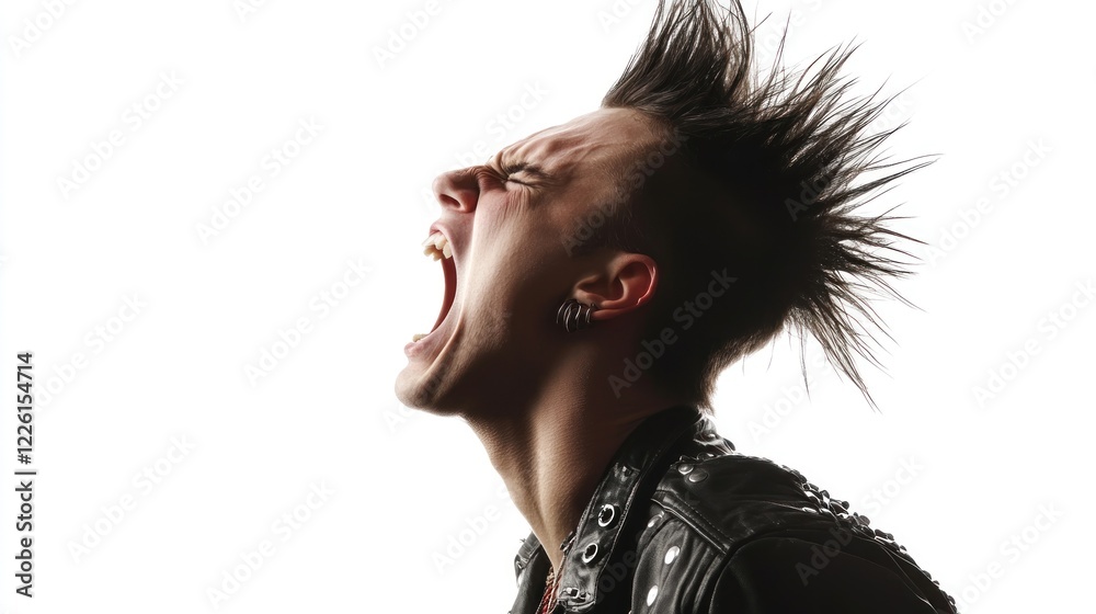 Profile shot of an angry young punk rocker with a Mohawk hairstyle ...