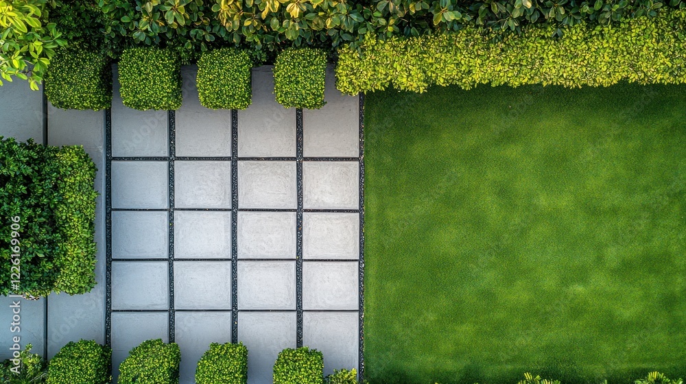 Aerial view of a modern garden design with green lawn, hedges, and grey ...