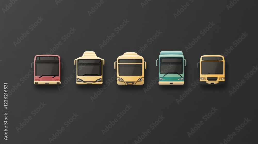 97.A set of five bus icons, each representing a different style of bus ...