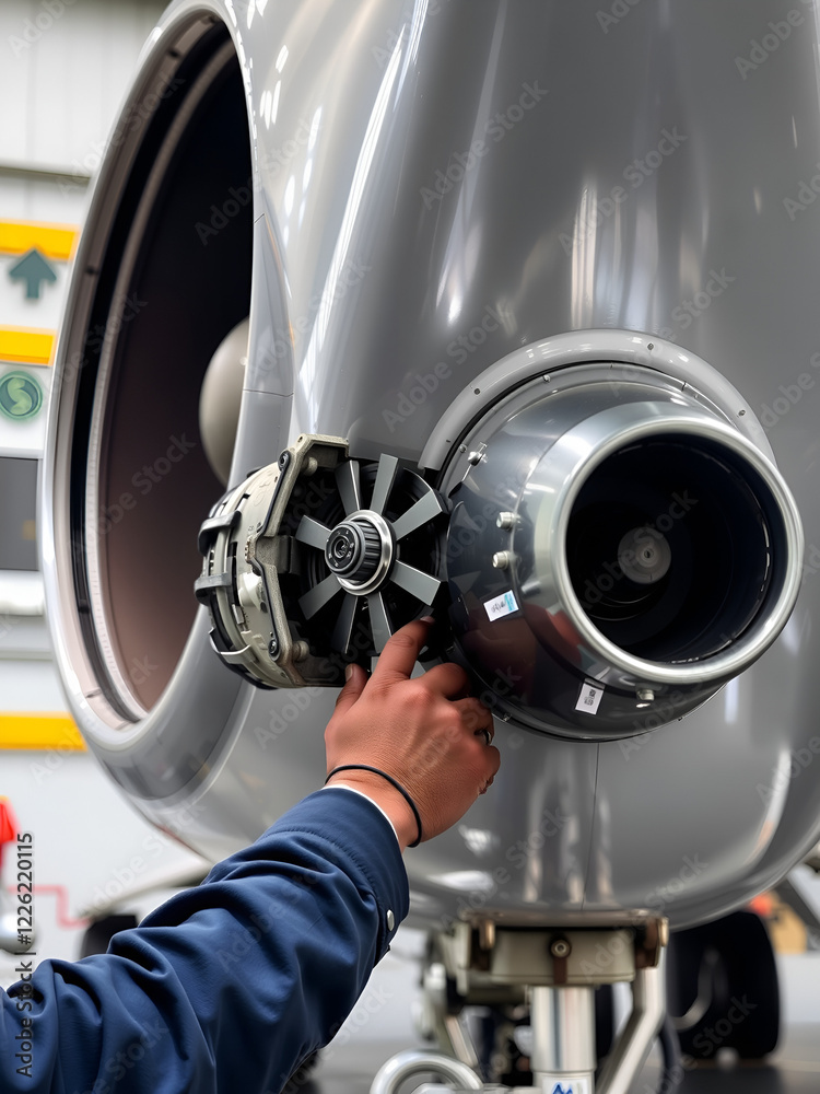 Close up view of a skilled mechanic carefully attaching a new engine ...