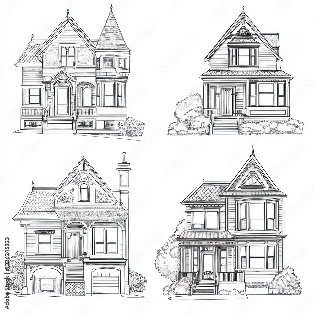 Architectural Drawings of Four Victorian Style Houses Stock ...