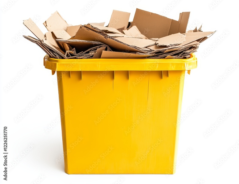 Yellow recycling bin overflowing with shredded cardboard. Stock Photo ...