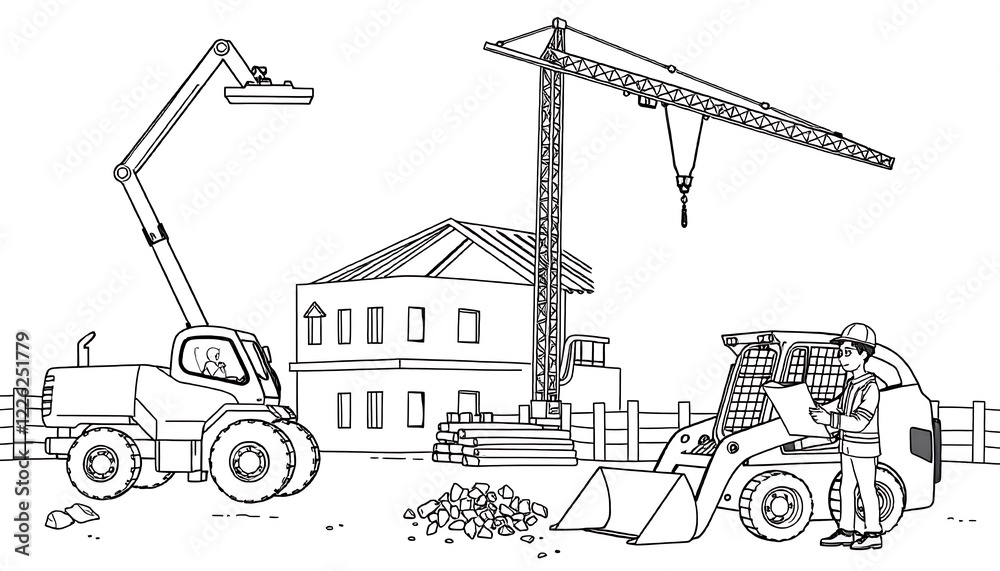 Illustration Stock Construction Crane Drawing, A black and white line ...