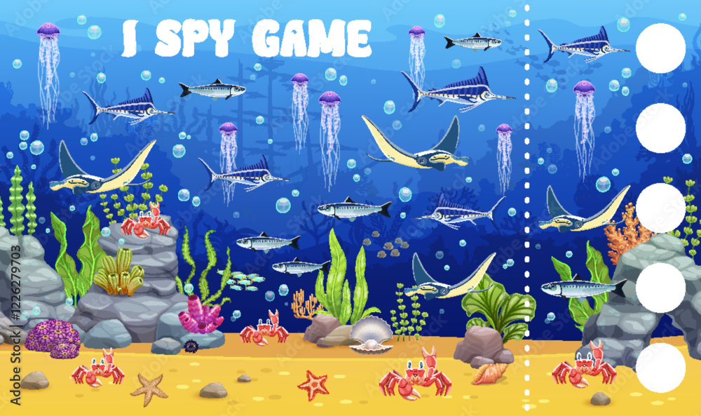 I spy game kids game worksheet with funny sea underwater animals ...