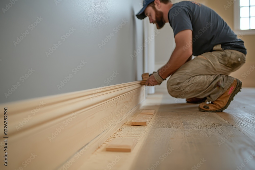 Carpenter installing baseboard molding, Shows detailed process of home ...
