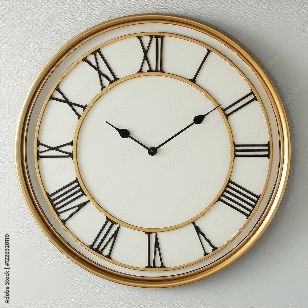 Large round wall clock with Roman numerals, gold frame, and off-white ...