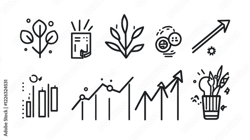 Growing graph icon set in line style. Business chart with arrow ...