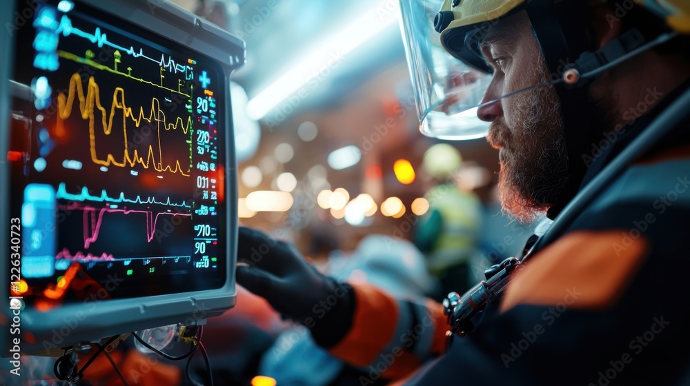 Paramedic Operates a Defibrillator with Vital Signs Monitor Displaying ...