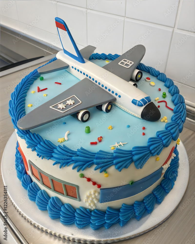 Airplane-themed cake with a detailed airplane figurine and colorful ...