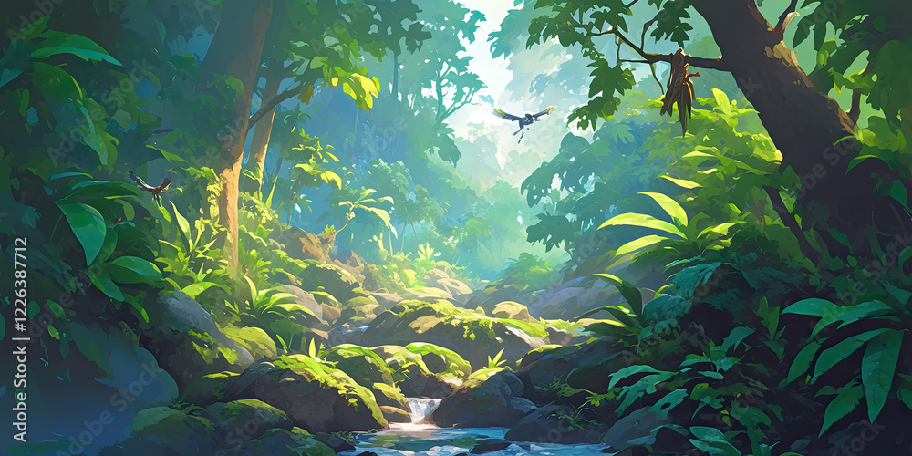 Anime style jungle background, deep rainforest green vibrant backdrop ...