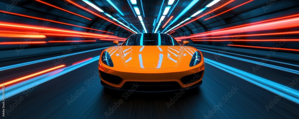 Autonomous vehicle testing concept. A sleek orange sports car speeds ...