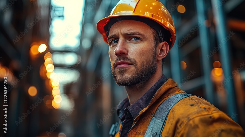 Oil rig worker with safety helmet and harness, focused on a maintenance ...