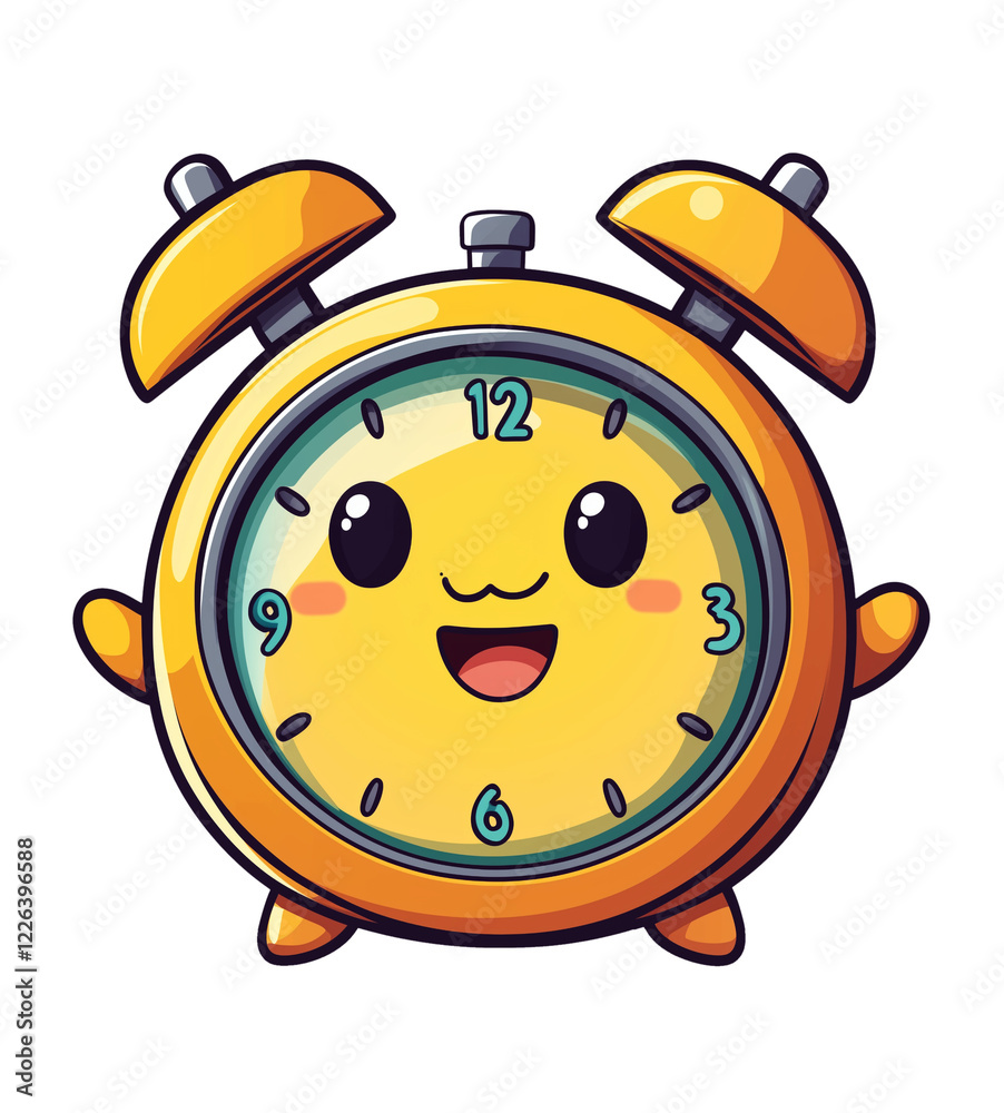 Cute Kawaii Cartoon Alarm Clock with Smiling Face, Retro Round Design ...