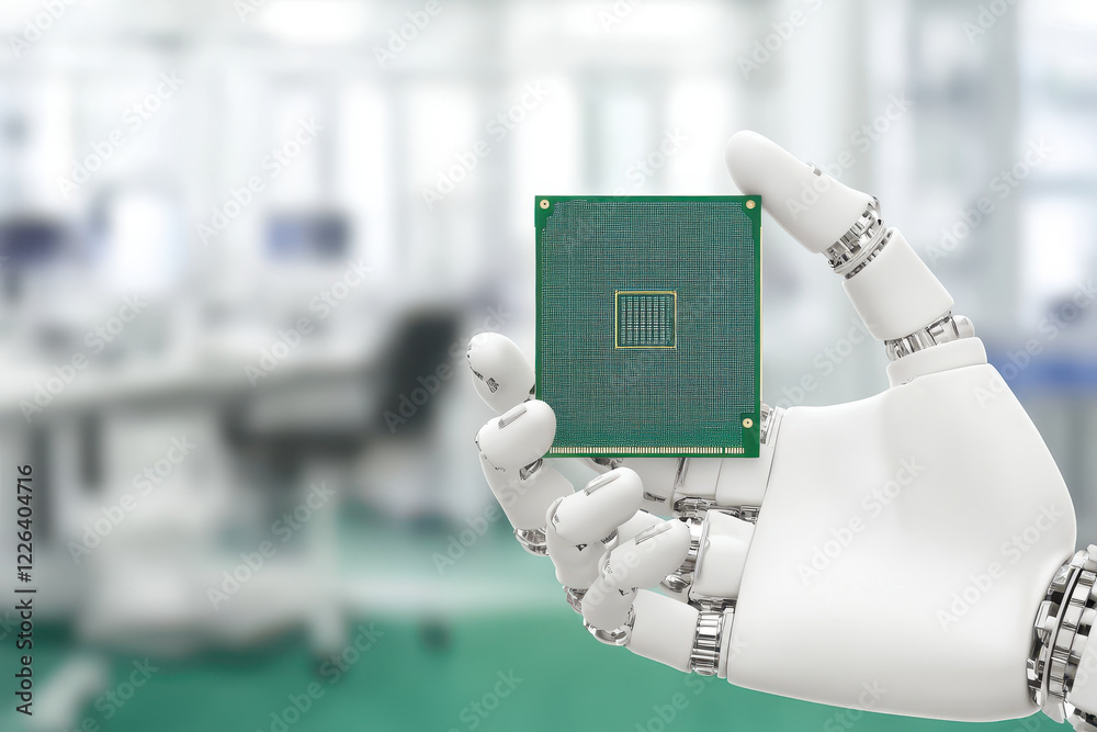 robotic hand holding microprocessor in modern workspace, showcasing ...
