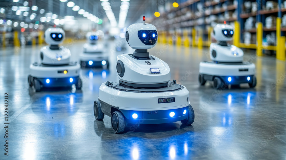 Autonomous robots organizing inventory in large warehouse, showcasing advanced technology and ...