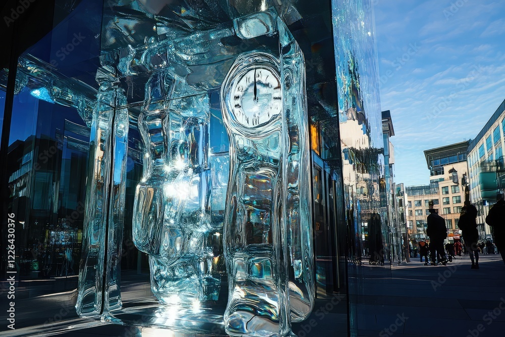 Surreal melting glass clock tower with artistic distortions and ...