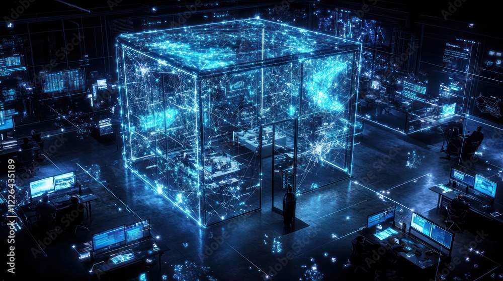 Futuristic digital cube network in a modern server room. Large ...