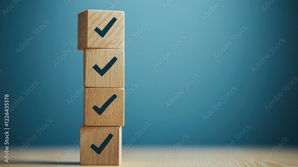 Achieving Business Goals with Checkmark Icons on Stacked Wooden Blocks ...