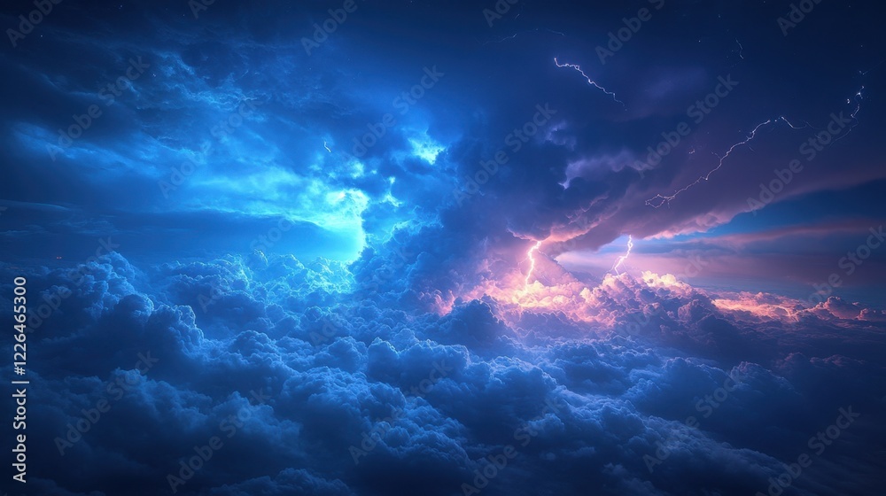 Highly realistic images, storm clouds and lightning in the sky seen ...