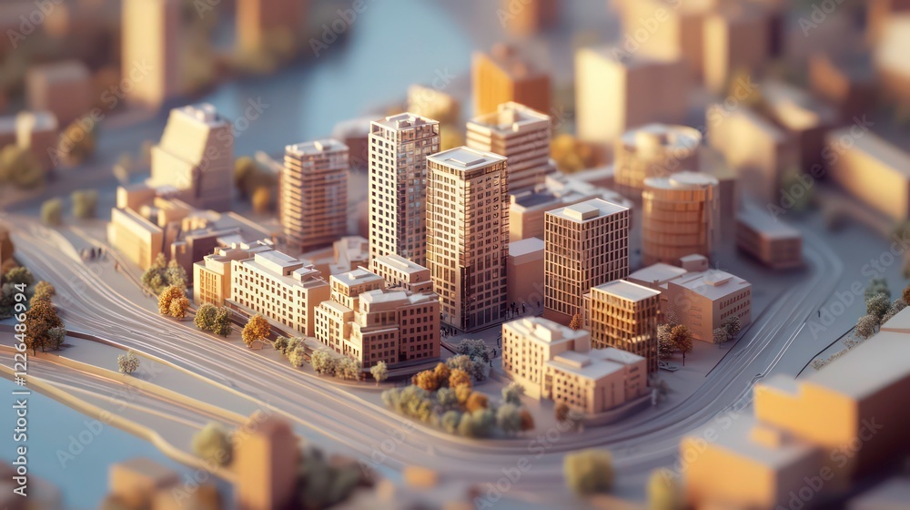 Map atlas concept. A detailed model showcasing modern buildings in a ...