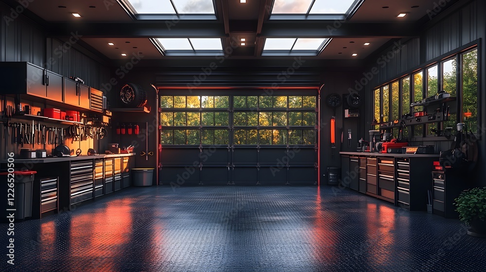 Modern home garage with a clean floor, tool cabinets, and storage racks ...