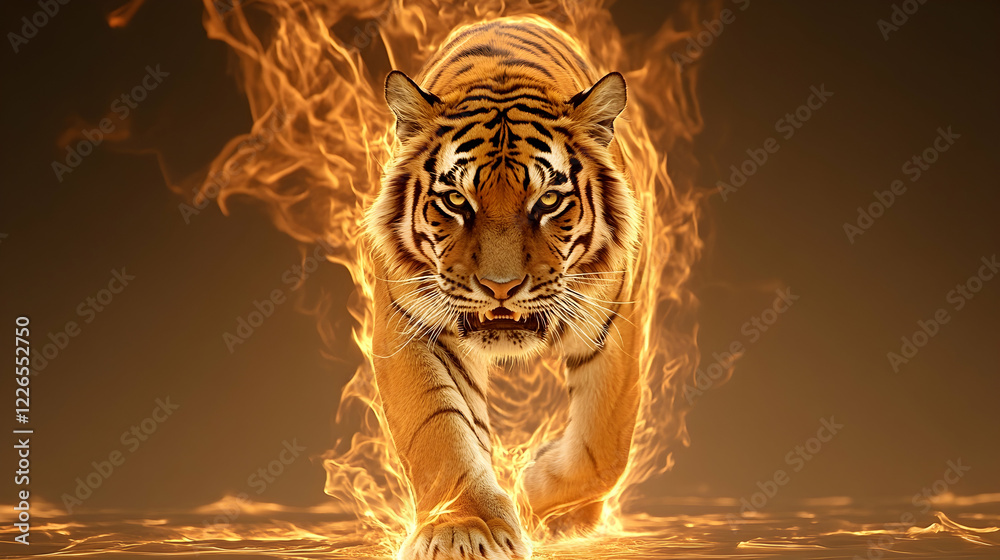 Fiery tiger walking forward, dark background, flames engulfing its body ...