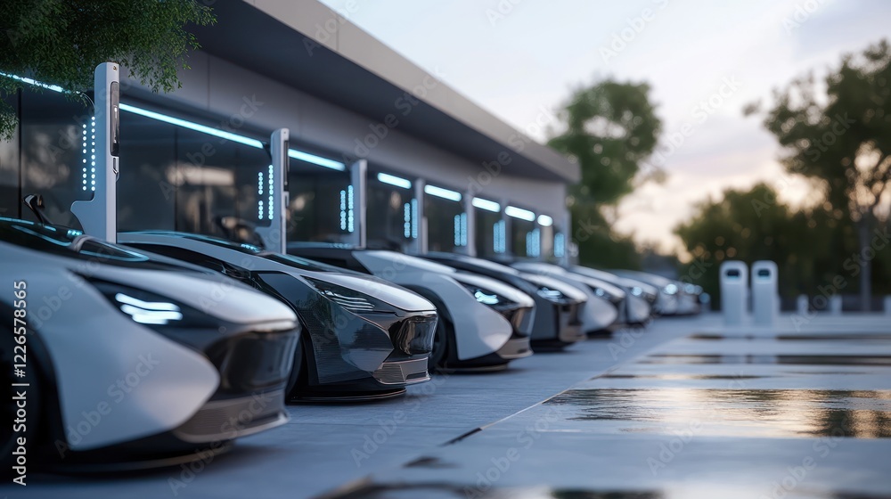Electric car dealership parking lot featuring futuristic vehicles with ...
