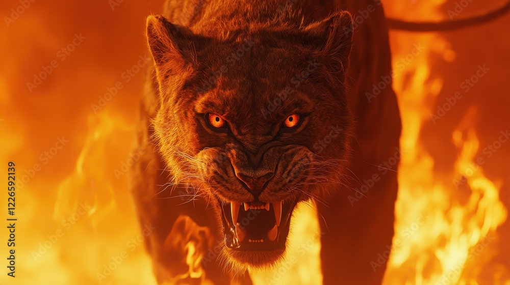 Fierce black panther emerging from roaring flames with glowing eyes ...