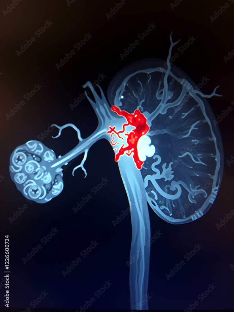 Angiogram shown renal artery rupture with bleeding around lesion Stock ...